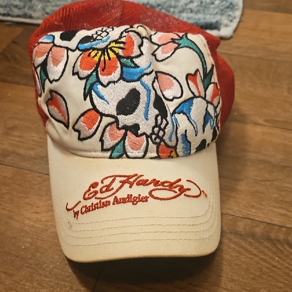 Ed Hardy | Accessories | Ed Hardy Red And Cream Skull Floral Cap | Poshmark